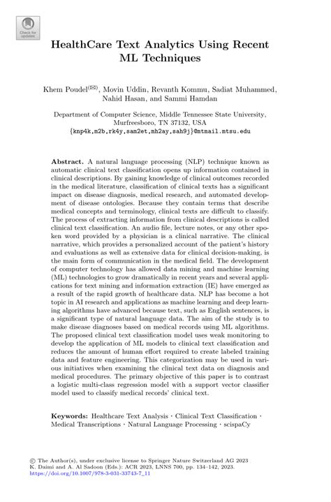 PDF HealthCare Text Analytics Using Recent ML Techniques