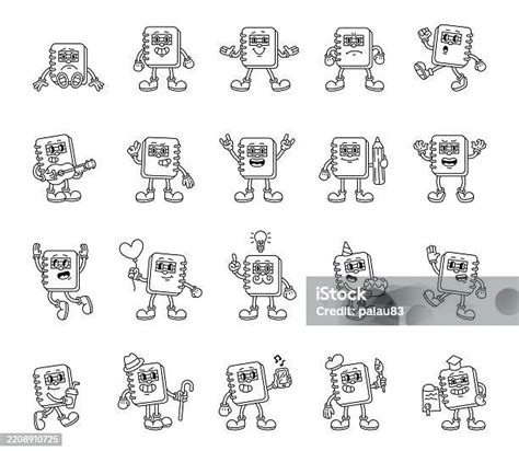 그루비 복고풍 공책 캐릭터 만화 개요 빈티지 재미 표현 스타일 감정 제스처 의상 액세서리 직업 및 창의적인 요소가 있습니다 Brand Name Smart Phone에 대한