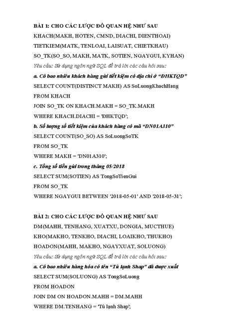 Csdl Bài 3 Chương 2 BÀi 1 Cho CÁc LƯỢc ĐỒ Quan HỆ NhƯ Sau Khach Makh Hoten Cmnd Diachi