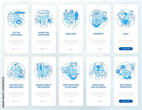 Break Barriers Blue Onboarding Mobile App Screen Set Creative Block Walkthrough 5 Steps