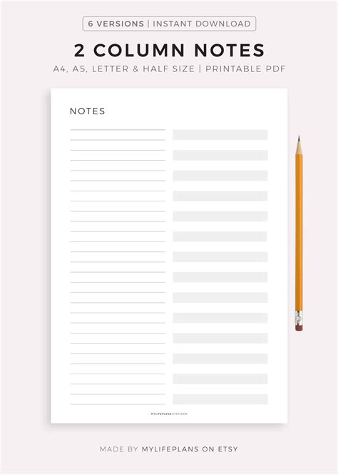 2 Column Notes Page Printable Notes Template Writing Paper Notes Planner Insert A4 A5 Letter