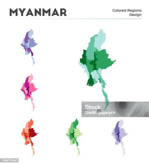 미얀마 지도 모음 인포그래픽을 위한 미얀마 국경 색깔이 있는 국가 지역 벡터 그림입니다 관광에 대한 스톡 벡터 아트 및 기타 이미지 Istock