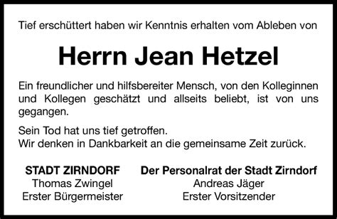 Traueranzeigen Von Jean Hetzel Trauernnde