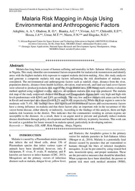 Pdf Malaria Risk Mapping In Abuja Using Environmental And Anthropogenic Factors