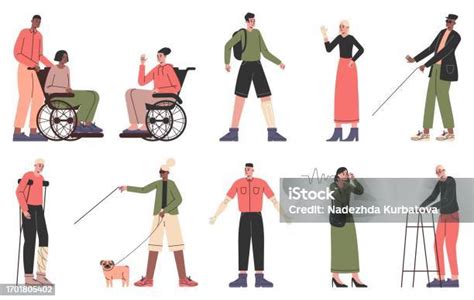 장애인 신체적 무능력 캐릭터 긍정적 인 감정 지팡이와 개를 가진 시각 장애인 휠체어를 탄 마비된 남자와 여자 장애인 환자 벡터 세트 휠체어에 대한 스톡 벡터 아트 및 기타