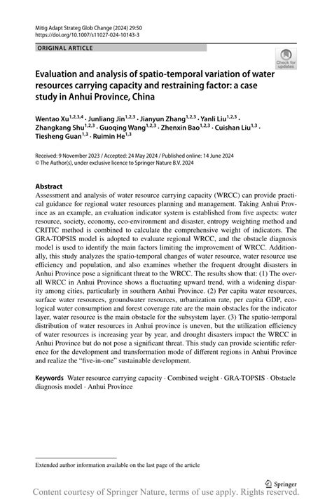 Evaluation And Analysis Of Spatio Temporal Variation Of Water Resources Carrying Capacity And