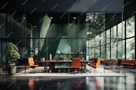 오피스 인테리어에는 의자와 Pc가 테이블에 배치되어 있으며 회색 콘크리트 바닥은 선과 파노라마 창이있는 오픈 스페이스 코워킹 코너입니다 프리미엄 Ai 생성 이미지