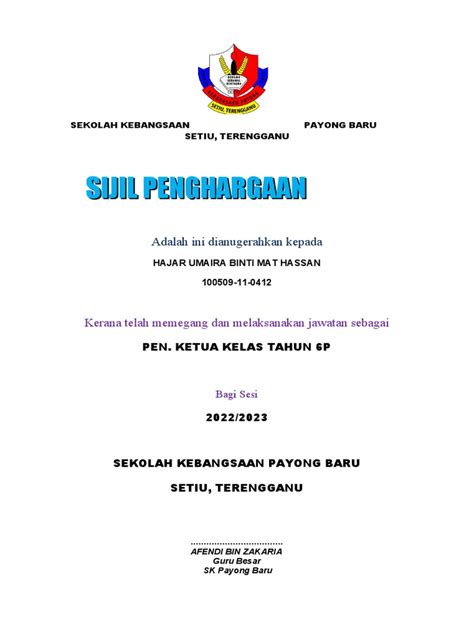 Sijil Ketua Kelas Pdf
