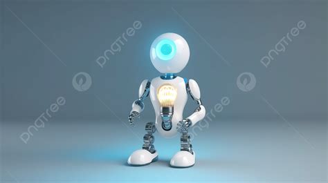 Adorable Artificially Intelligent Robot With Glowing Lightbulb In 3d