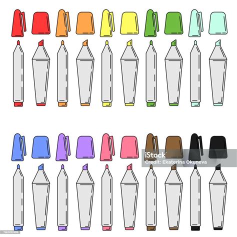 흰색 배경에 고립 된 만화 스타일의 마커 펜 20 개 세트 벡터 는 웹 또는 디자인에 대한 펜 그림을 펠트 교육에 대한 스톡