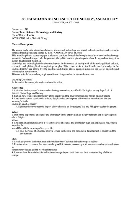 Science Syllabus Course Syllabus For Science Technology And