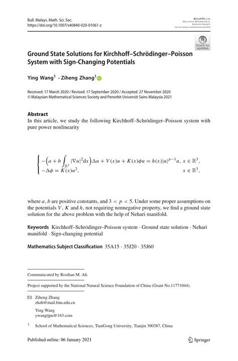 Pdf Ground State Solutions For Kirchhoffschrödingerpoisson System