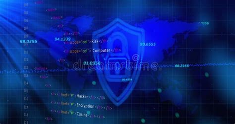 Security Padlock And Shield Icon And Stock Market Data Processing Over World Map On Blue