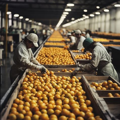 Workers In A Large Warehouse Sort Oranges On A Conveyor Belt Premium