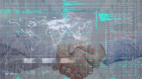animation of world map and data processing over businessman handshake