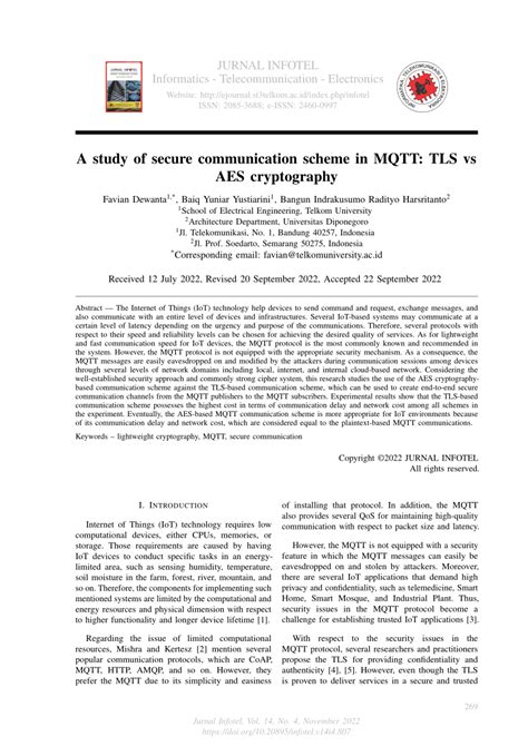 Pdf A Study Of Secure Communication Scheme In Mqtt Tls Vs Aes Cryptography