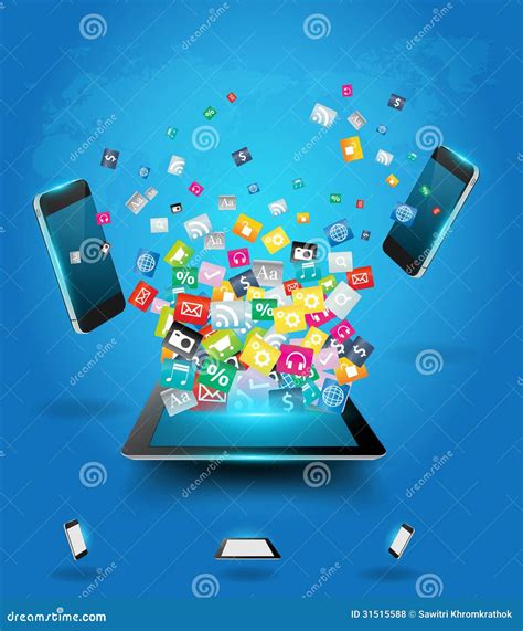 Vector Tablet Computer With Mobile Phones Cloud Of Stock Vector Illustration Of Downloading
