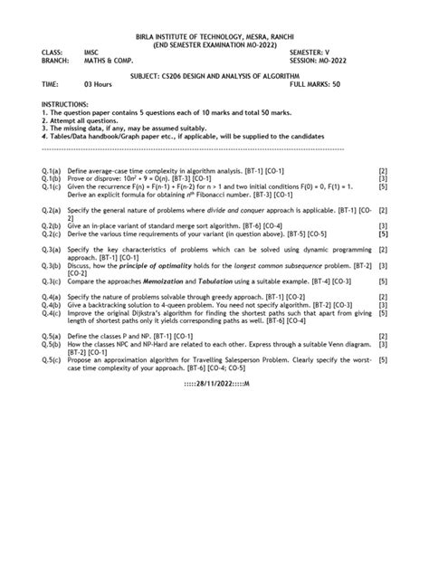 cs206 design and analysis of algorithm end mo22 pdf time