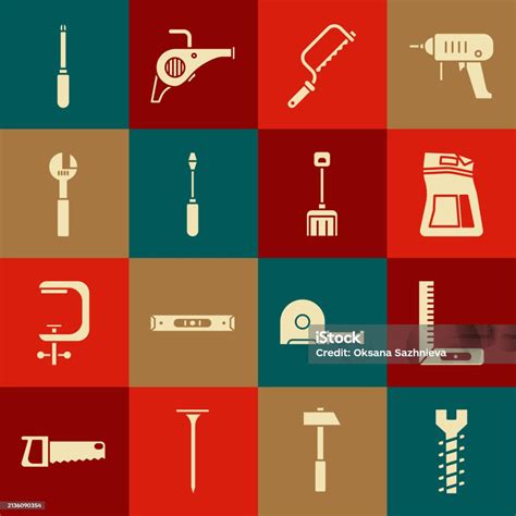 금속 나사 모서리 눈금자 시멘트 가방 쇠톱 드라이버 조정 가능한 렌치 및 눈 삽 아이콘을 설정합니다 벡터 강철에 대한 스톡 벡터 아트 및 기타 이미지 Istock