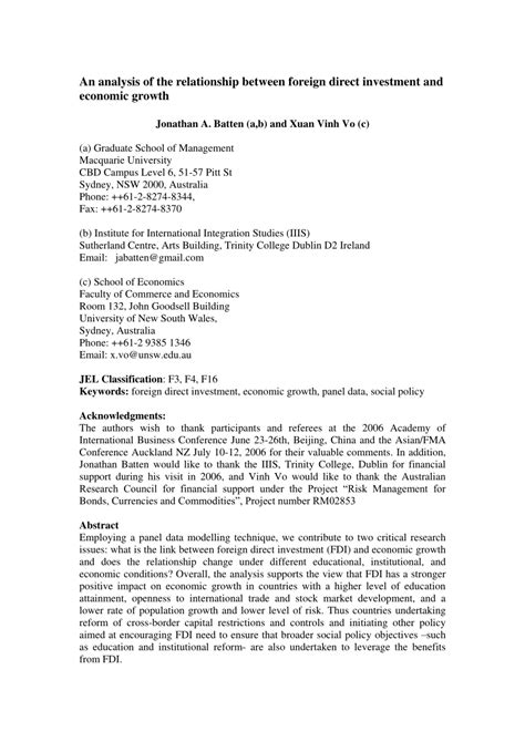 Pdf An Analysis Of The Relationship Between Foreign Direct Investment And Economic Growth