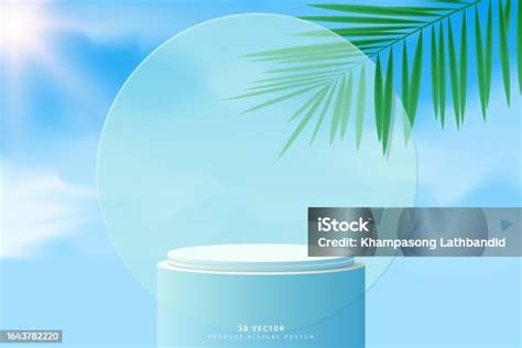 3d 푸른 하늘 구름과 태양 배경 파란색 3d 투명 유리 실린더 연단 받침대 또는 원형 유리 배경과 야자 코코넛 잎이 있는 제품 디스플레이 프레젠테이션 3d 기하학적 형태