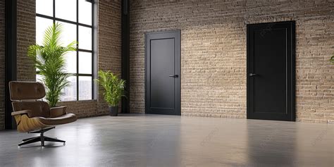 벽돌 벽과 대형 창문이 있는 실내 나무 바닥 실내 식물에 갈색 가죽 라운지 의자 창문 의자 내부 배경 일러스트 및 사진