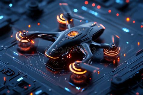 High Tech Drone With Glowing Orange Lights On A Futuristic Circuit Board Showcasing Advanced