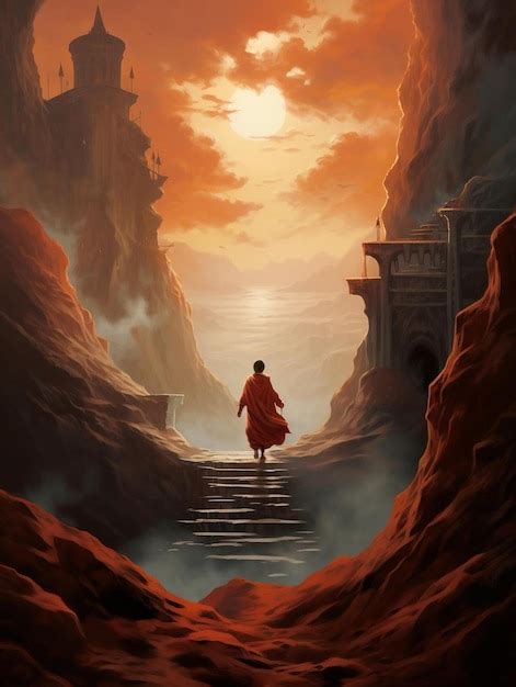 Premium AI Image A Man Walks Down A Path In A Red Sunset