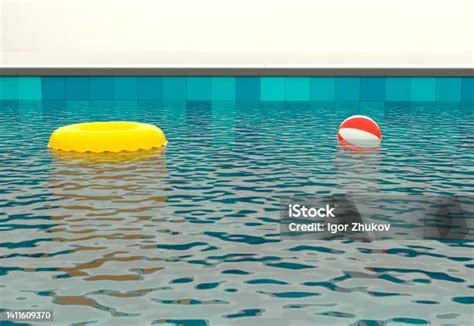 수영 서클과 팽창식 볼 노란색 벽과 바닥 타일 청록색 색상과 사실적인 물이있는 수영장 3d 렌더링 그림 고급 호텔에 대한 스톡 사진 및 기타 이미지 Istock