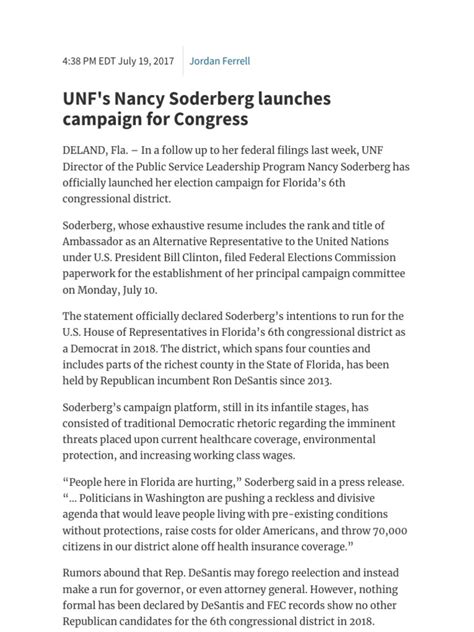 Unfs Nancy Soderberg Launches Campaign For Congress July 2017 Pdf United States House Of