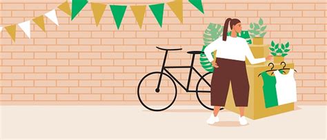 벼룩 시장에서 구매자 복사 공간 템플릿 자전거와 플랫 벡터 스톡 일러스트 중고 시장에서 패션 의류 거라지 세일에 대한 스톡 벡터 아트 및 기타 이미지 Istock