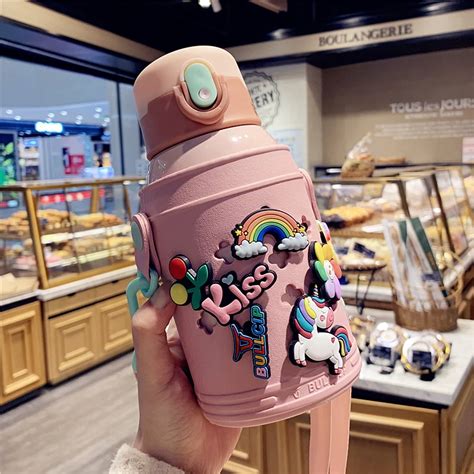 550 Ml 크리 에이 티브 스테인레스 스틸 보온병 병 짚 뚜껑 귀여운 어린이 학교 텀블러 진공 플라스 크 물 병 스트랩 밧줄