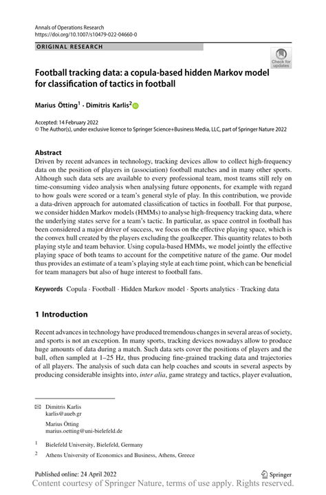 Football Tracking Data A Copula Based Hidden Markov Model For Classification Of Tactics In