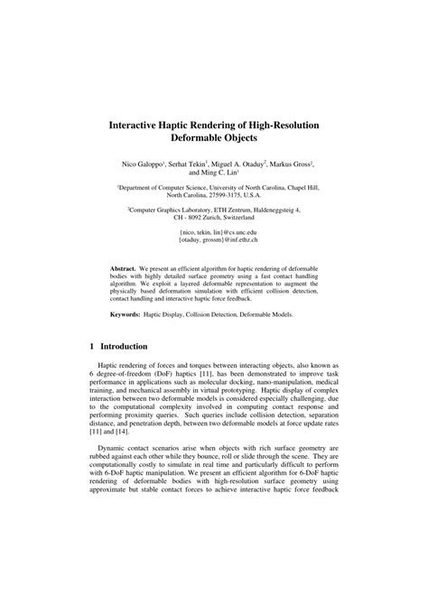 Pdf Interactive Haptic Rendering Of High Resolution Deformable Objects