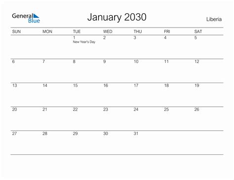 Printable January 2030 Monthly Calendar With Holidays For Liberia
