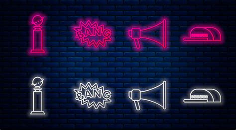 세트 라인 뱅 붐 텍스트 연설 풍선 메가 폰 트로피 골든 글로브와 비문 감독모자 벽돌 벽에 빛나는 네온 아이콘입니다 벡터 감독에 대한 스톡 벡터 아트 및 기타 이미지