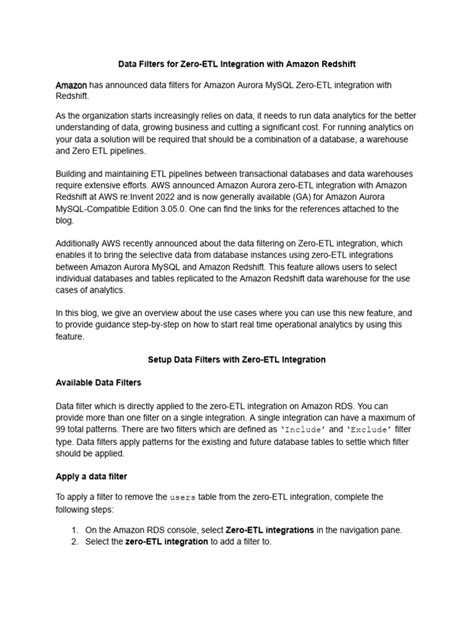 Data Filters For Amazon Aurora Mysql Zero Etl Integration With Amazon Redshift Pdf