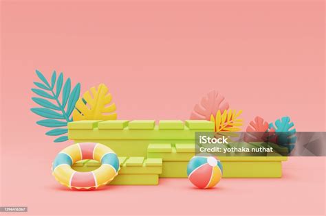 다채로운 팽창식 반지 비치 볼 및 야자 잎 3d 렌더링이있는 여름 디스플레이 수박에 대한 스톡 사진 및 기타 이미지 수박 3차원 형태 계절 Istock