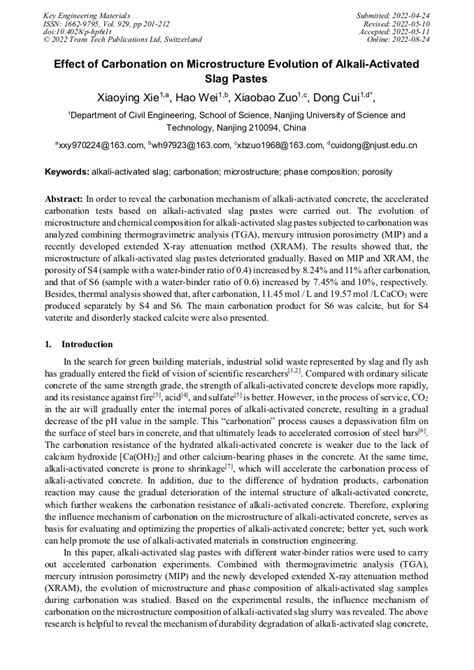 Effect Of Carbonation On Microstructure Evolution Of Alkali Activated Slag Pastes Scientificnet