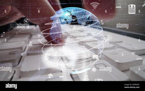 Man Working On Computer Keyboard With Graphic Of Internet Network Modernization Showing Concept