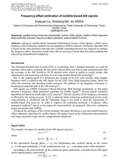 Frequency Offset Estimation Of Satellite Based Ais Signals Scientificnet