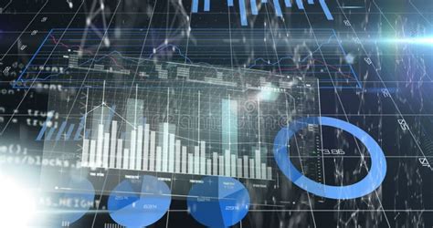 Image Of Infographic Interface And Lens Flare Over Connected Dots Against Grid Pattern Stock