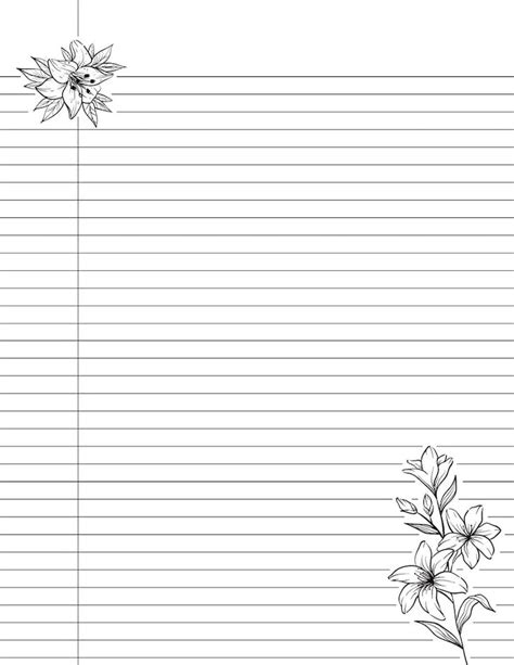 Cute Printable College Ruled Lined Notebook Paper With Margins Floral Lily Flower Design Double