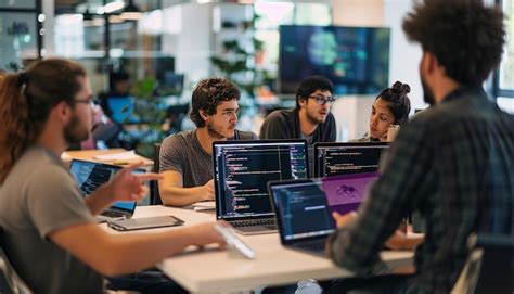 Dynamic Software Development Team Collaborating In A Modern Coworking