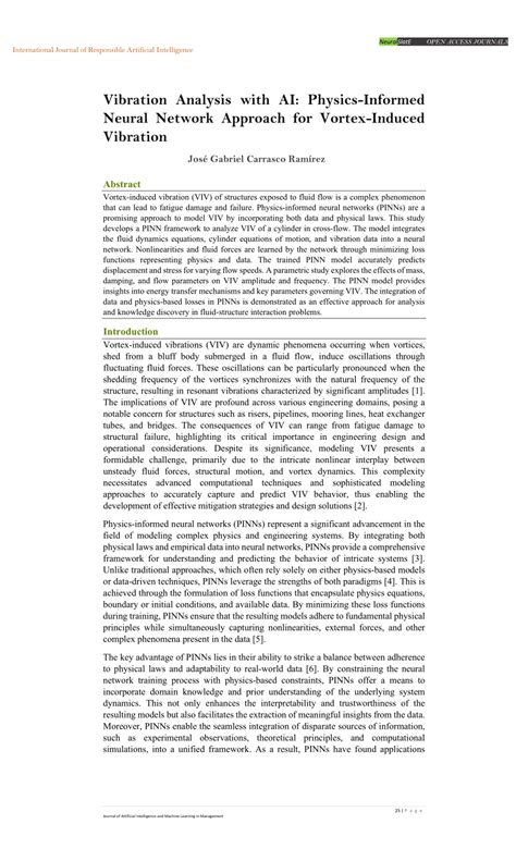 Pdf Vibration Analysis With Ai Physics Informed Neural Network Approach For Vortex Induced