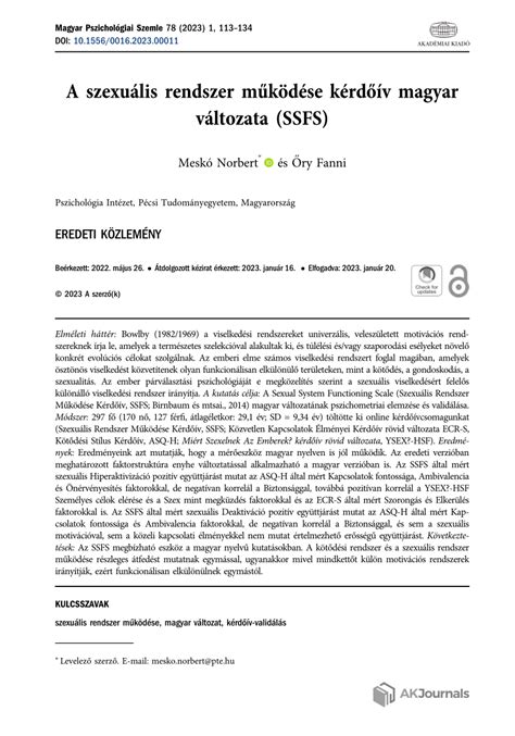 Pdf Hungarian Version Of The Sexual System Functioning Scale Ssfs