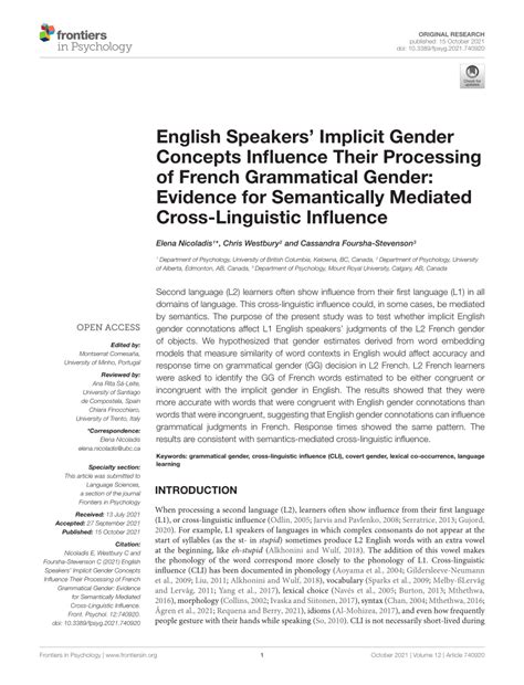 Pdf English Speakers Implicit Gender Concepts Influence Their Processing Of French