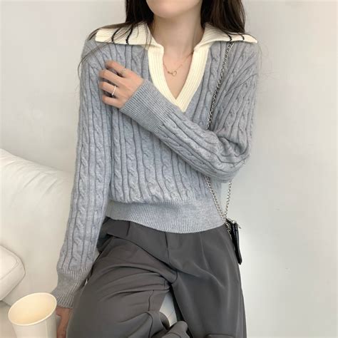 카라 꽈배기 니트탑 케이블 피셔맨 배색라인 긴소매 허리시보리 풀오버 니트 스웨터겨울 단정한 깔끔한 사무실 출근룩 대학생 캠퍼스룩 입기편한 일상룩