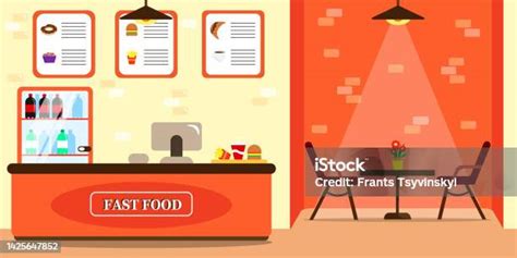벡터 일러스트 레이 션 현대 인테리어 패스트 푸드 카페 바 카운터 컴퓨터 물이있는 냉장고 테이블 의자 크로와상이있는 메뉴 머핀 도넛 커피 감자 튀김이있는 만화 인테리어