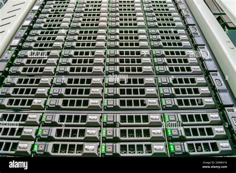 Disk Storage Is In The Server Room Server Farm Powerful Computer Equipment Is Installed In The